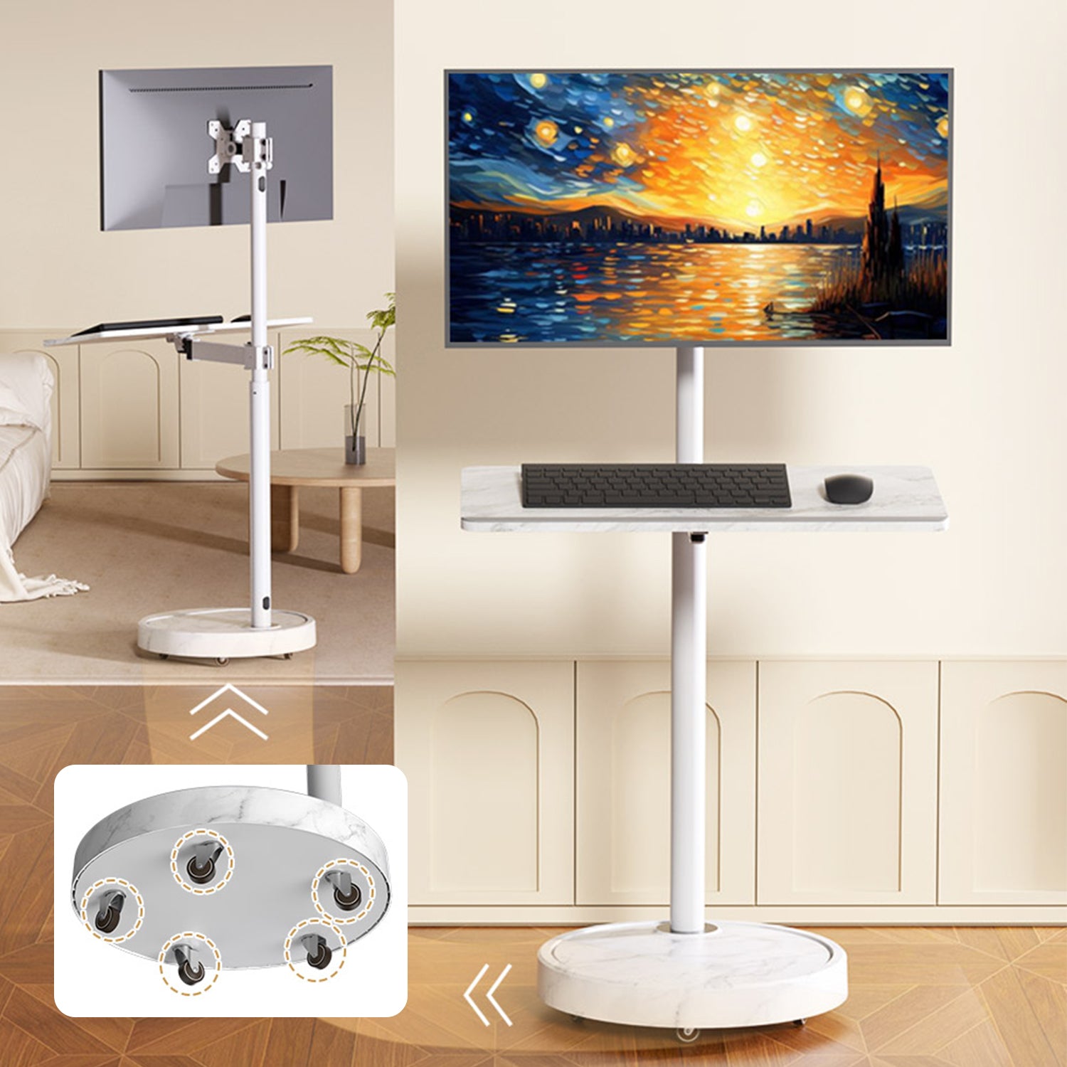 TV Monitor floor mobile stand white marble base-vesa 100 floor stand